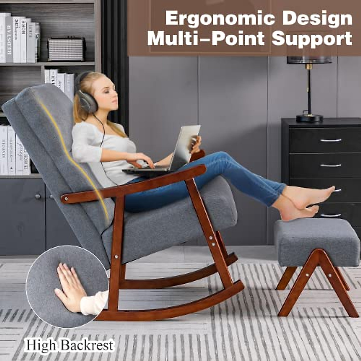 HOMREST Rocking Chair, Mid-Century Modern Upholstered Fabric Rocking Armchair with Ottoman & Thick Padded Cushion for Living Baby Room, Bedroom(Gray)