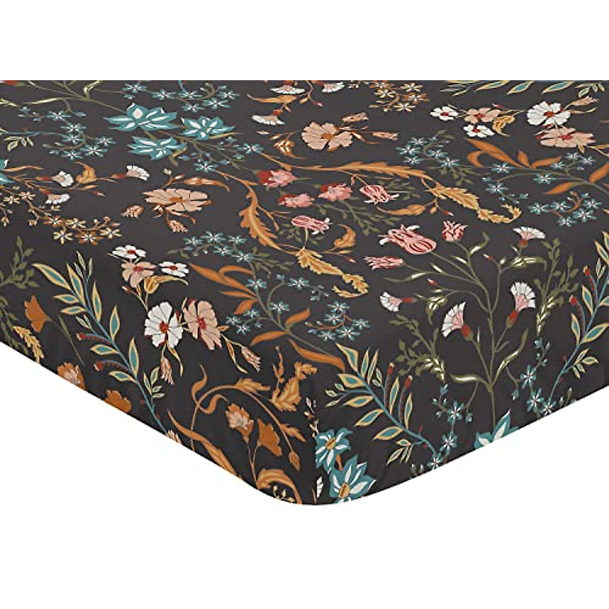 Sweet Jojo Designs Boho Wildflower Vintage Floral Girl Fitted Crib Sheet Baby Toddler Bed Nursery Black Rust Orange Teal Daisy Leaves Botanical Paisley Leaf Flower Bohemian Farmhouse Turquoise Blue