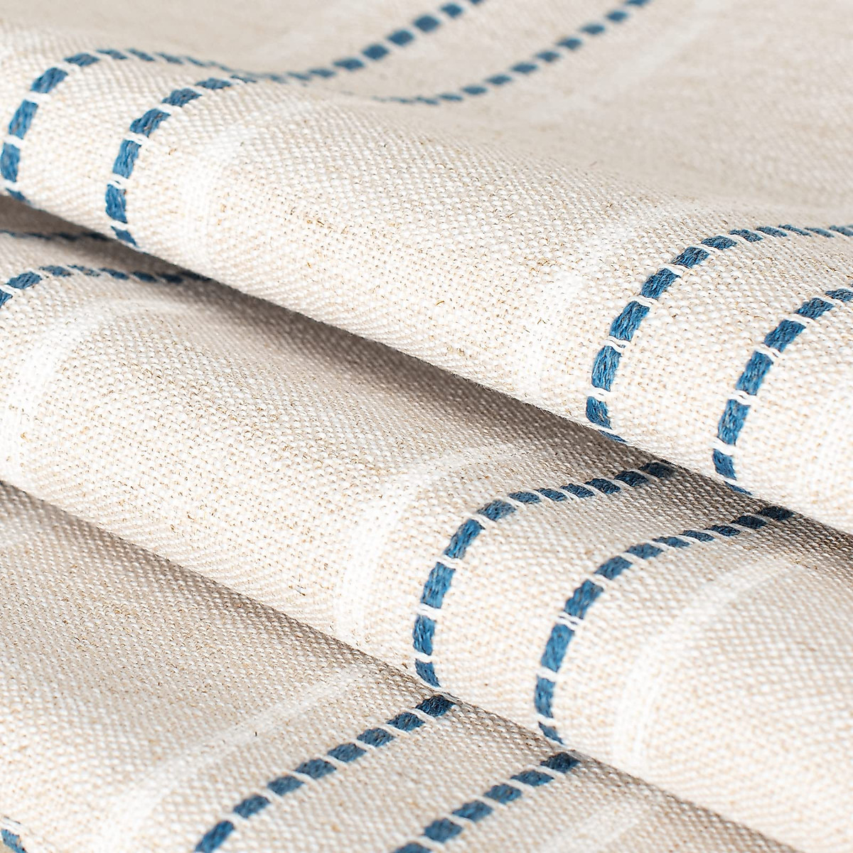 AELS 18x18 Decorative Farmhouse Linen Throw Pillow Covers, Boho Textured Pillow Case, Set of 2,Beige with White & Navy Blue Stitch Yarn Dyed Stripe Cushion Cover for Sofa Couch Living Room(Cover ONLY)