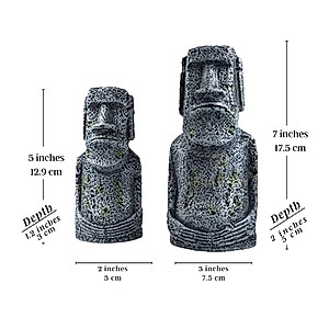 SunGrow Tropical Fish Aquarium Decor, Easter Island Statues, 7" and 5", Resin Replicas of World Famous Moai Figures, 2 Pcs