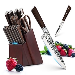FEECOOL knife Set, Kitchen Knife Set,15 Pieces Knife Set with Block, Germany High Carbon Stainless Steel Chef Knife Block Set, Knives Set for Kitchen with Sharpener, Ultra Sharp Chef Knife Set, Brown
