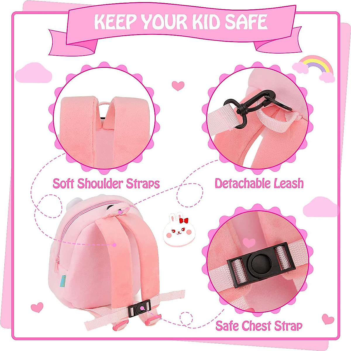 Toddler Backpack,Cute Plush Small Preschool Backpack with Leash Gift for Little Boys Girls Kids with Chest Strap,Pink Bunny VONXURY