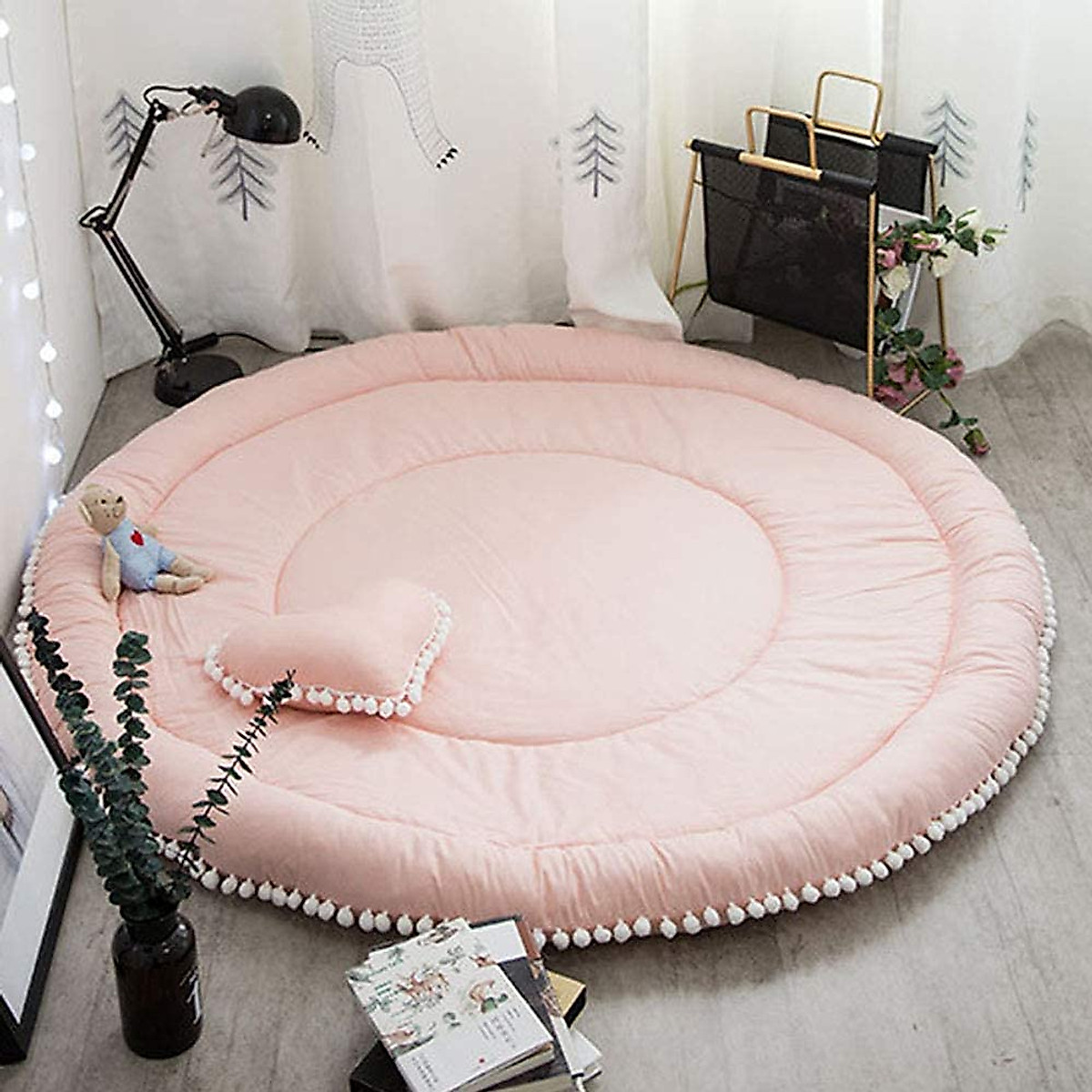 Lacomfy Baby Girl Play Mat Round Nursery Rug Play Mat for Baby Kids Crawling Cushion, Baby Floor Mat for Kids Playroom Nursery Decor, Baby Crawling Mat Kids Playmat for Infants Toddlers, 53in Pink