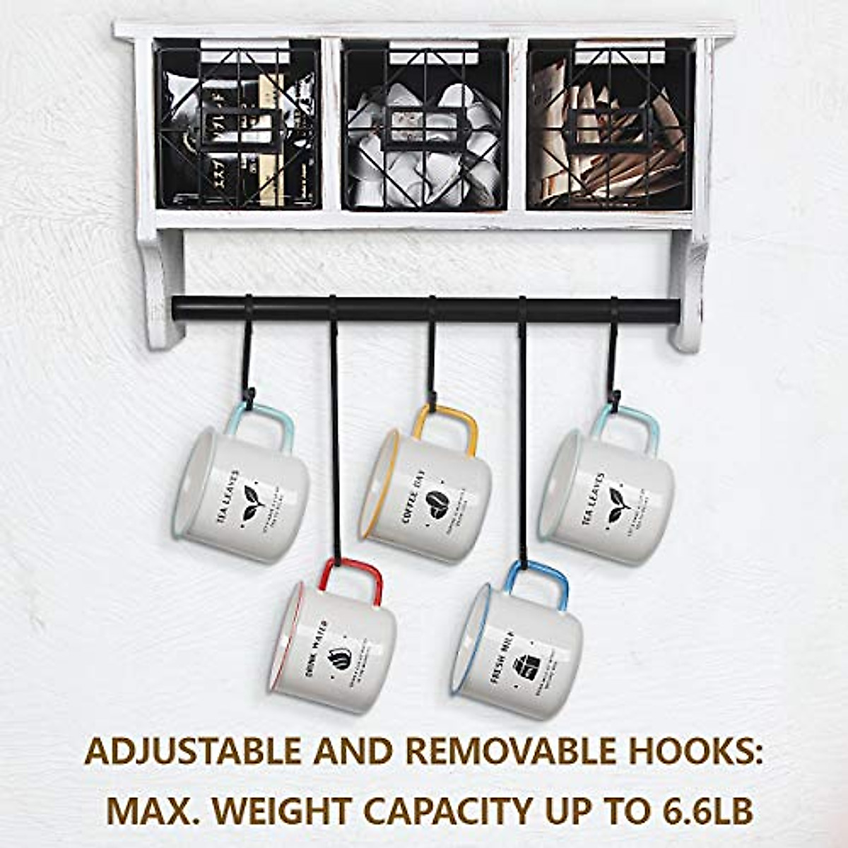 Butizone Rustic Wall Mounted Coat Rack Shelf with Hooks and Baskets, Wood Coffee Mug Storage and Display Organizer, Hanging Entryway Shelf for Coats, Hats, Towel and Keys, White