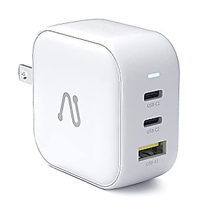 USB C Wall Charger, Aergiatech 65W PD3.0 GaN PPS QC3.0 Type C Fast Charging Power Adapter Foldable 3Port Charger Block for iPhone, for MacBook Pro, for iPad Pro, Switch, Galaxy S22/ S21/S20 White