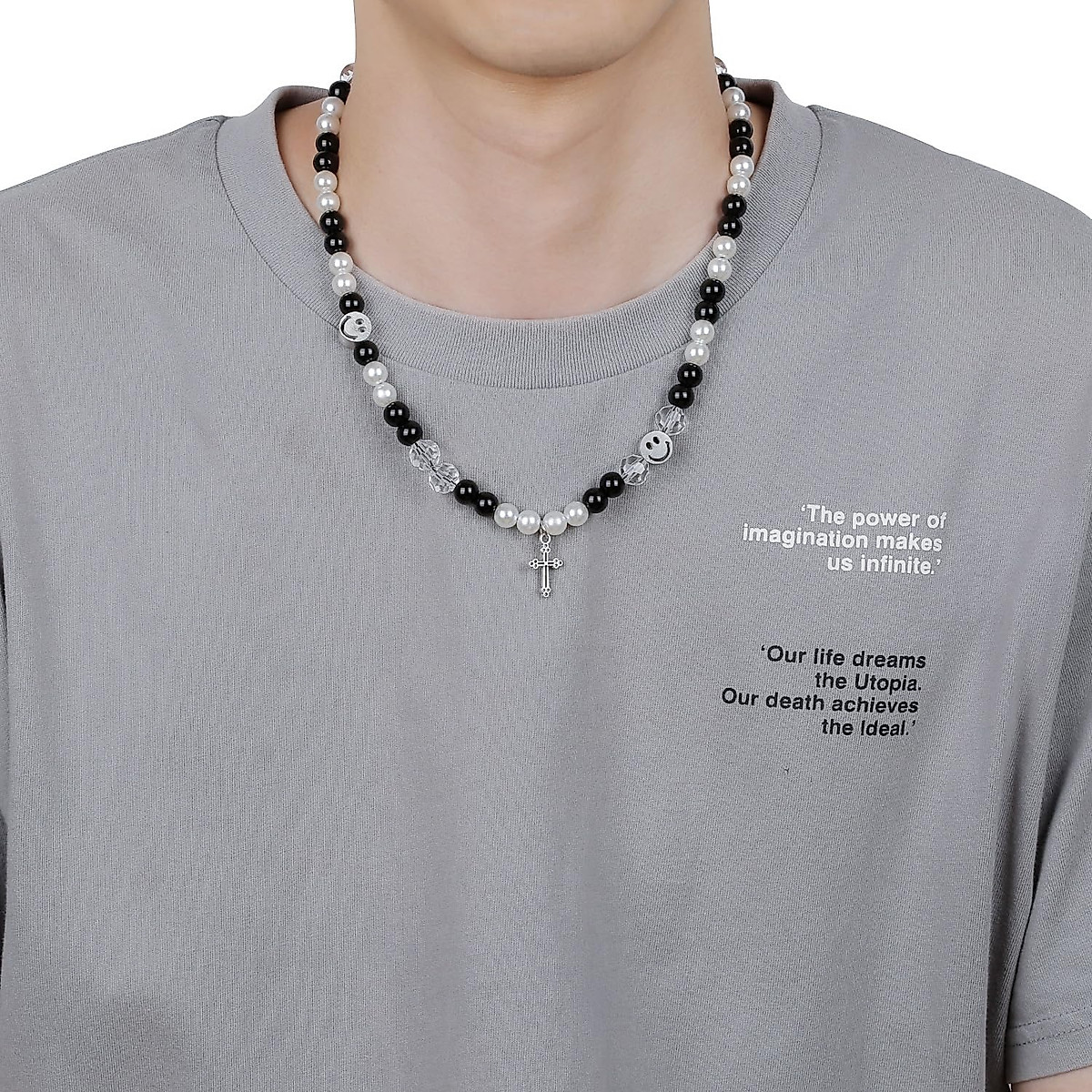 FLYEMMET Gothic Cross Charm Pendant Necklaces Y2k Fashion Black Beads Pearls Chain Choker Necklace for Women Men Jewelry Gifts (Smiley Face Beads)