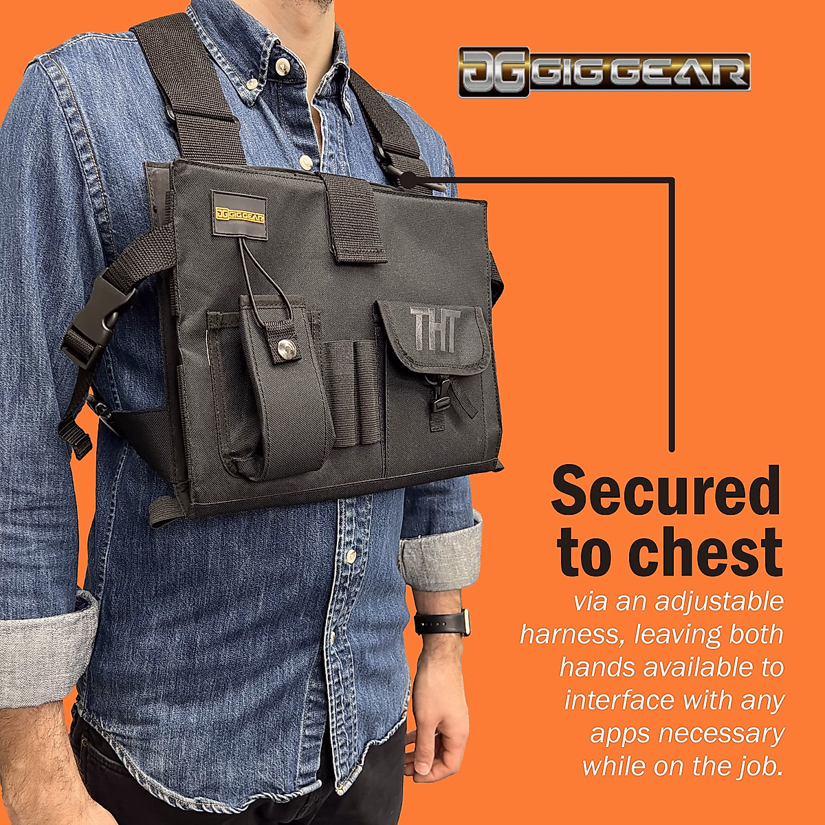 Gig Gear Two Hand Touch Tablet Chest Harness for iPad and Samsung Tablets - Rugged Tablet Carrying Case with Strap and Compartments - Heavy Duty iPad Chest Mount for 12.9 Inch Mobile Device (Black)