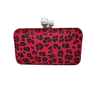 Plush Evening Bag for Women Stylish Leopard Print Handbag Pearl Chain Purse for Party Prom Red