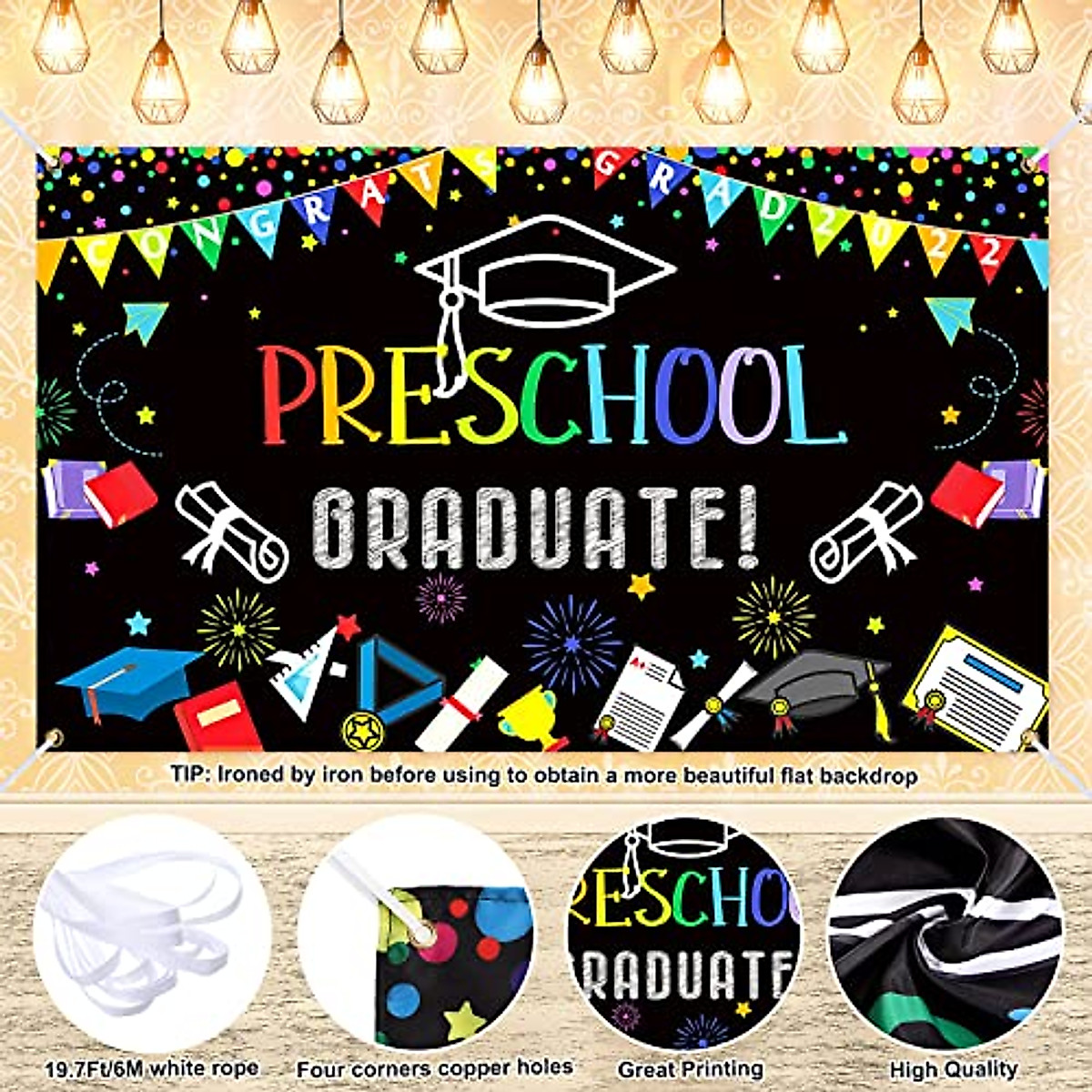 Preschool Graduate Backdrop 2023 School Prom Party Supplies Decoration Banner for Kids Preschool Graduation Decorations Prek Photo Backdrop Ceremony Congrats Grad Banner, 5.9 x 3.6 Ft