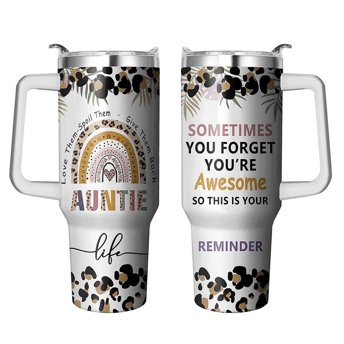 Ksoemar 40 Oz Auntie Cup with Handle and Straw, Double Wall Stainless Steel Auntie Mugs, Insulated Aunt Coffee Travel Mug, Aunt Cup Gifts Ideas for Birthday, Mothers Day, Christmas