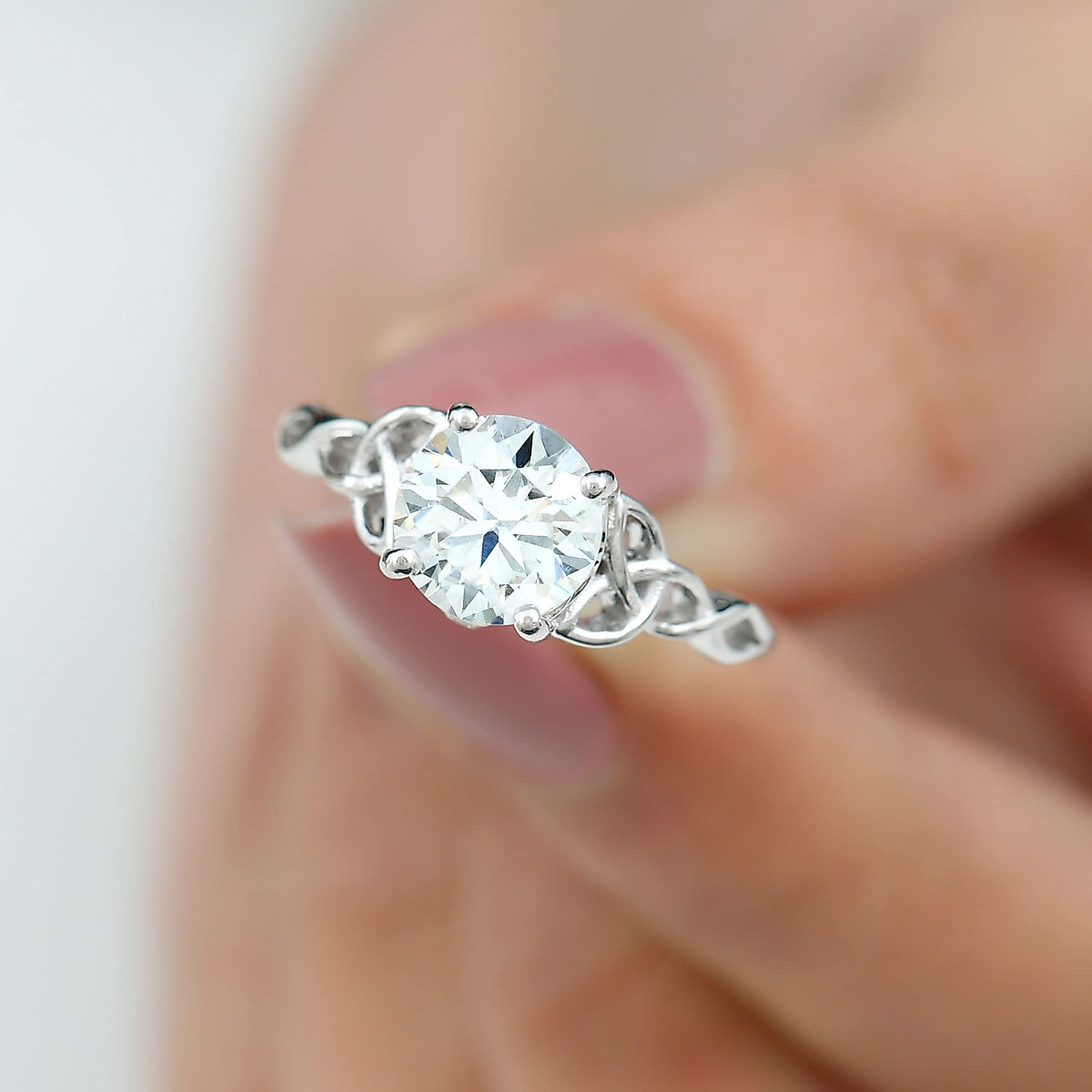 2.25 CT Moissanite Solitaire Ring, 8 MM Moissanite Solitaire Engagement Ring, Moissanite Gold Celtic Ring, Moissanite Engagement Ring for Women, 14K White Gold, Size:US 6.50