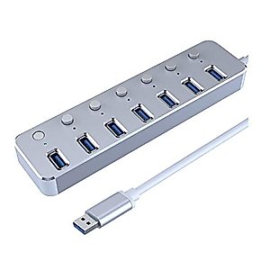 GPPZM Aluminum 7-Port USB 3.0 Hub 120cm Cable Sub-Control Switch 5Gbps LED Indicator HUB Chargeable Splitter for Multi USB Devices (Color : Silver)