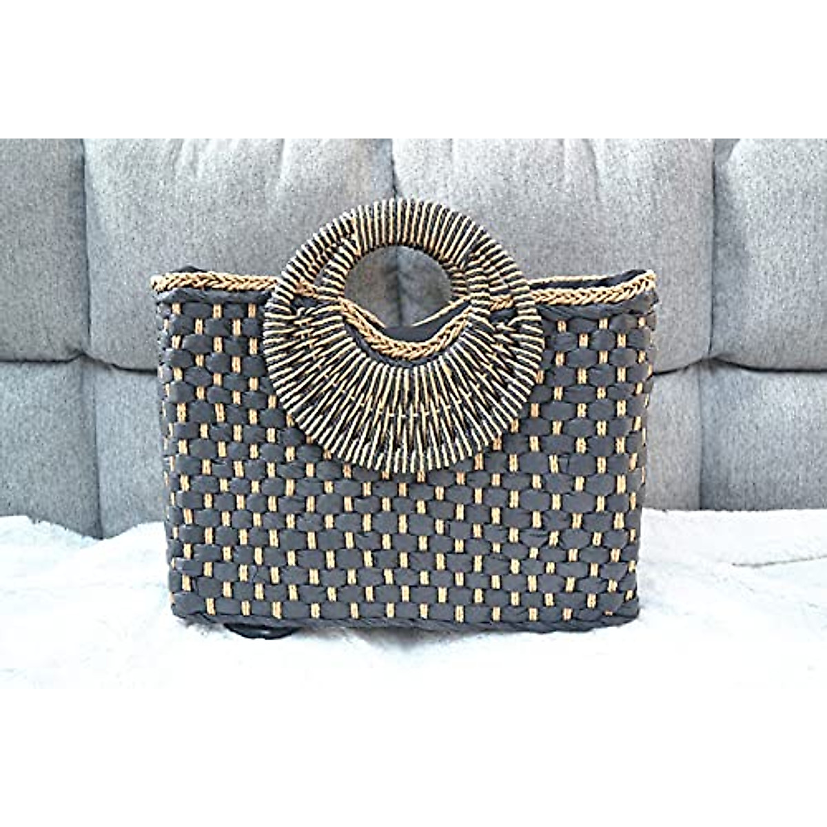 QZUnique Hand-woven Straw Bag Women Summer Beach Handbag Casual Satchel Retro Top Handle Tote Clutch