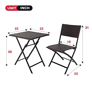 FDW 3 Pieces Patio Set Folding Outdoor Patio Furniture Sets Foldable Wicker Bistro Set Rattan Chair Conversation Sets Garden Furniture for Yard Lawn Balcony Poolside Backyard No Assembly Needed,Brown