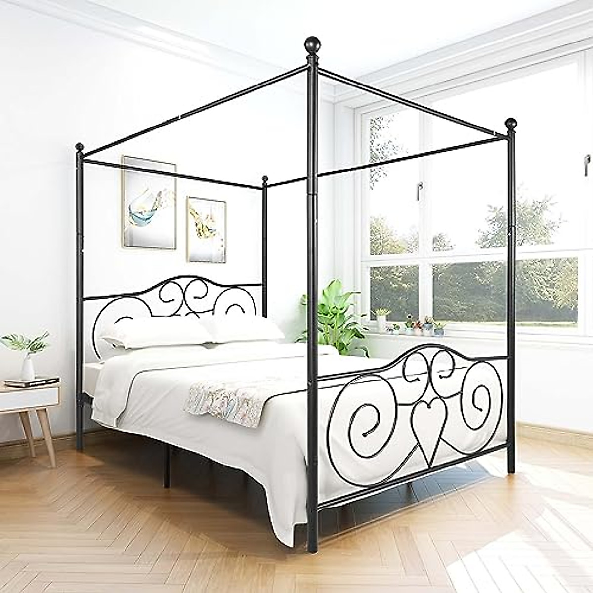 TMEOSK Queen Size Metal Canopy Platform Bed Frame with European Headboard & Footboard, Sturdy Steel Under-Bed Storage Space, No Box Spring Needed for Boys Girls Teens Adults, Four-Poster Canopied Bed