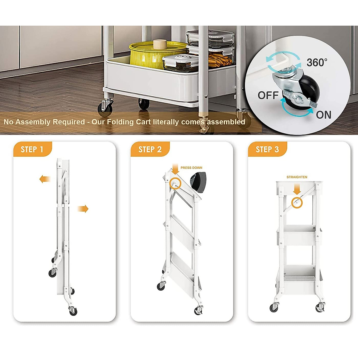 3 Tier Rolling Cart Foldable Storage Cart with Wheels No Assembly Request Kitchen Utility Organizer with Handing Cup, White