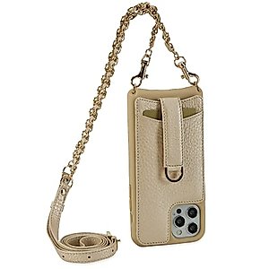 Vaultskin VICTORIA iPhone 13 Pro Leather Wallet Case and Card Holder, Crossbody Strap Purse for Women (Champagne - Chain & Leather Strap, iPhone 13 Pro)