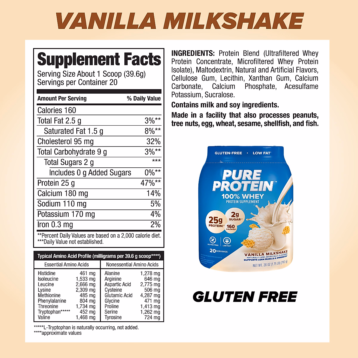 Pure Protein Powder - Whey, High Protein, Low Sugar, Gluten-Free, Vanilla Cream Flavor - 1 lb (Packaging May Vary)