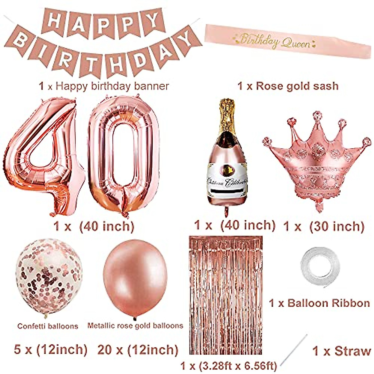 40th Birthday Decorations for Women, Rose Gold 40 Birthday Party Decoration for Her, 40th Happy Birthday Banner Kits Rosegold Balloons Decoration for Women 40th Birthday Party Supplies