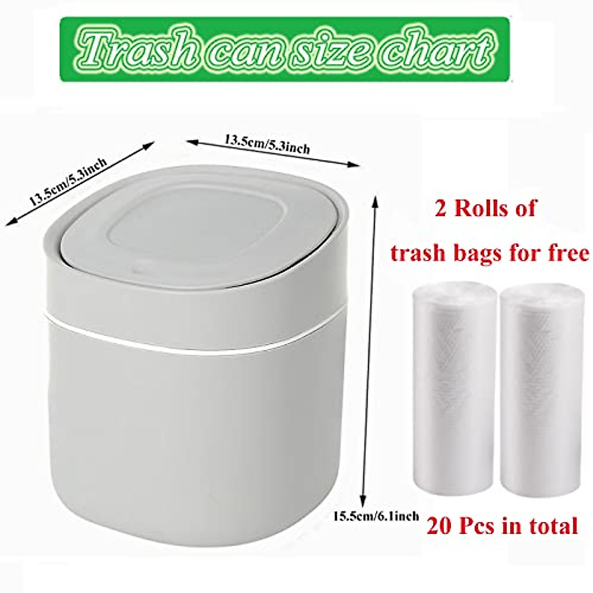 Plastic Mini Trash Can with Lid - 2 L Pop Up Wastebasket for Bathroom Vanity, Desktop, Tabletop or Coffee Table - Dispose of Cotton Rounds, Makeup Sponges, Tissues (Grey)