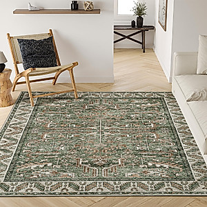 Valenrug Washable Rug 6x9 - Ultra-Thin Antique Collection Area Rug, Stain Resistant Rugs for Living Room Bedroom, Distressed Vintage Rug(Green, 6'x9')