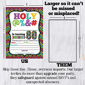 HOLY @% 80th Birthday Party Invitations, 20 Funny 5x7 Fill In Cards with Twenty White Envelopes for Milestone Birthdays by AmandaCreation