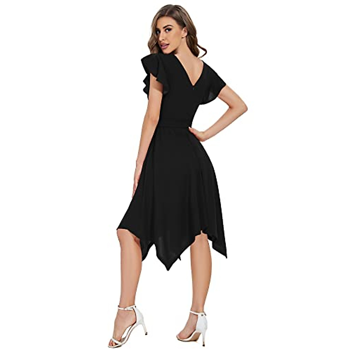 MUADRESS Women's Flutter Sleeve Cocktail Party Dresses Fit Flare Swing Bridesmaid Dress Homecoming Dress for Teen Black S