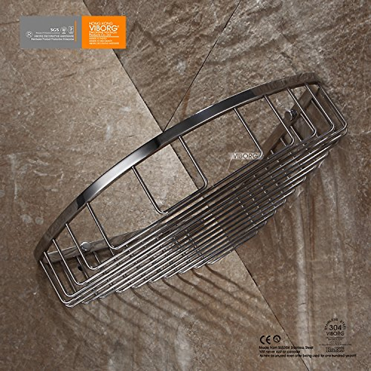 VIBORG Deluxe Solid Thick SUS304 Stainless Steel Wire Wall Mounted Single Tier Bathroom Corner Shower Basket Bath Caddy Shelf Organizer Storage Holder for Shampoo Conditioner. Polished mirror-like