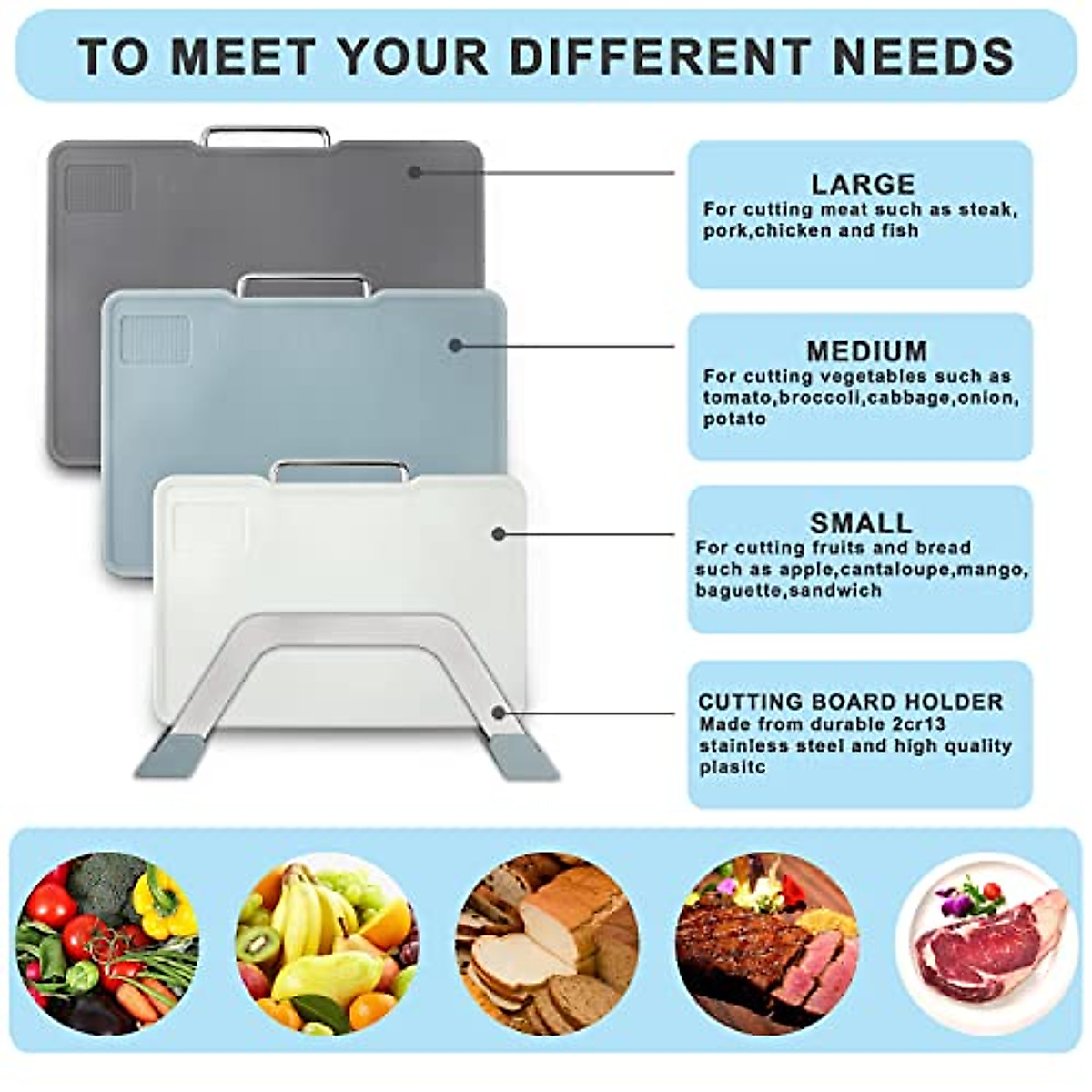 FIVETAS cutting boards for kitchen dishwasher safe,set of 3 with holder,plastic cutting boards with Easy-Grip Handles.GARLIC GRINDING AREA. BPA Free, Non-porous Non-Slip Feet