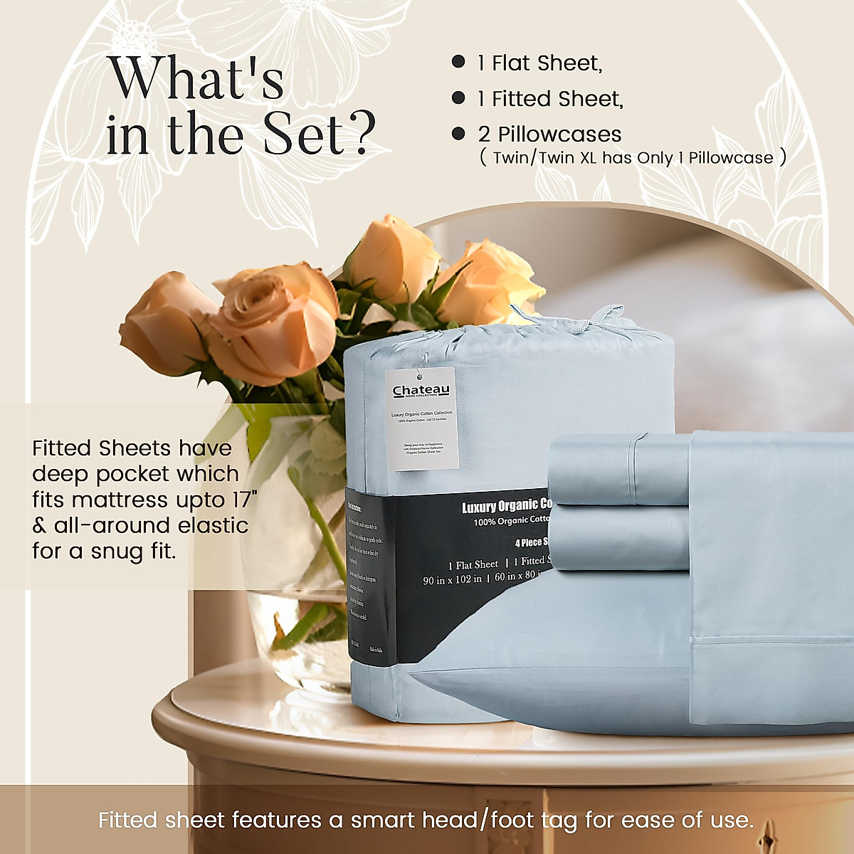 100% Organic Cotton Queen Sheet Set & Standard Pillowcases Set of 2 Combo 300 Thread Count Long Staple Cotton Sheets 3 Pc Queen Size Sheets & Standard Pillowcases Sateen Sheets Breathable Light Blue