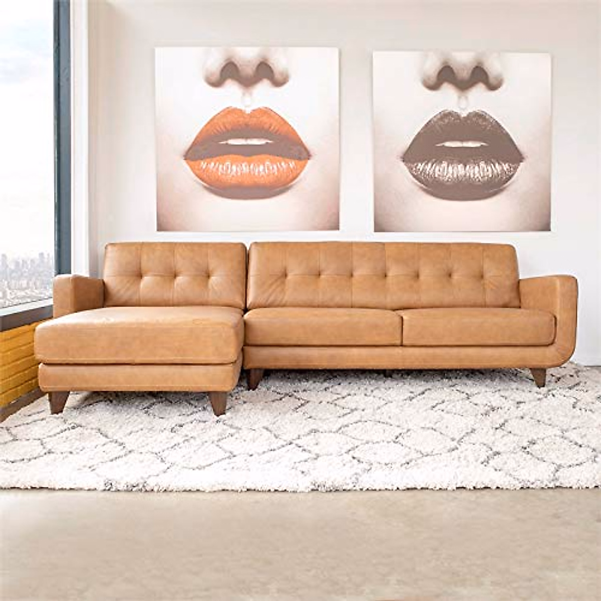 ASHCROFT Davis Modern Living Room Top Leather Corner Sectional Couch in Brown