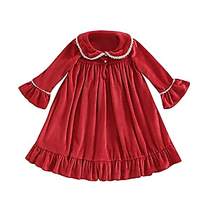Qiylii Kids Baby Girls Xmas Velvet Nightdress Baby Gown Ruffle Long Sleeve Nightgown Dress Sleepwear Loungewear (Red Velvet 18-24 Months)