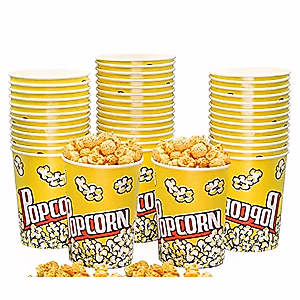 BLUFEU [50 Pack] 32 Oz Popcorn Buckets Disposable – Leakproof & Sturdy Popcorn Container – Large Popcorn Cups Disposable | Popcorn Bowls for Family Movie Night, Carnival theme parties, Movie theater