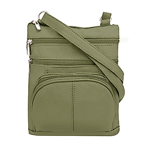 Roma Leathers Crossbody Zippered Purse - 3 Front Pockets, Adjustable Strap - Olive