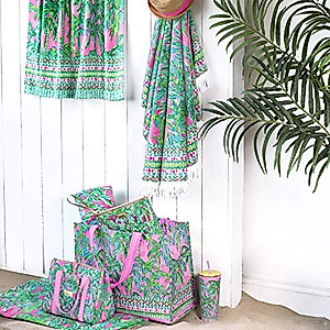 Lilly Pulitzer Pink/Green XL Market Shopper Bag, Oversize Reusable Grocery Tote with Comfortable Shoulder Straps, Suite Views