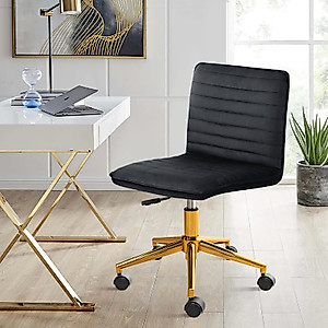Furniliving Home Office Chair, Armless Vanity Chair with Wheels Swivel Velvet Computer Rolling Desk Chair with Back, Adjustable Accent Chair with Gold Metal Base Stool Chair,Black
