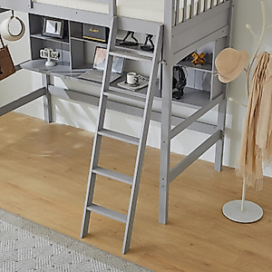 Karl home Loft Bed Twin Size, Wood Bed Frame with Safety Guardrails and Inclined Ladders, Bunk Bed with Desk and Shelves, Grey