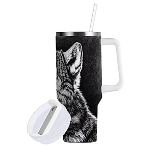 ODAWA 40oz Travel Insulated Tumblers with Handle and Straw, Black White Wolf Double Wall Insulated Tumbler