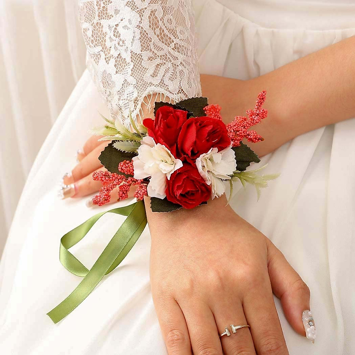 CASDRE Flower Wedding Wrist Corsage Red Floral Bridal Corsage Wristlet with Ribbon Prom Hand Flowers for Women and Brides