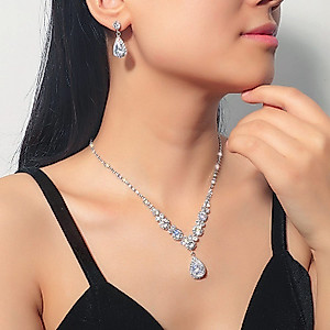 COCIDE Bride Jewelry Set Silver Crystal Wedding Necklace Earrings Bridal Rhinestone Teardrop Pendant Accessories for Women and Bridesmaids (3 piece set - 2 earrings and 1 necklace)