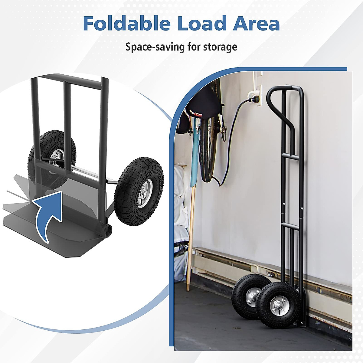 Goplus Hand Truck, P-Handle Hand Truck Dolly w/Vertical Loop Handle, 10” Pneumatic Rubber Wheels, 15”x 8” Foldable Nose Plate, 660LBS Capacity, Heavy Duty Metal Dolly Cart for Lifting, Stairs (Black)