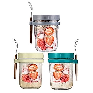Wdcme 3 Pack Glass Mason Overnight Oats Jars with Airtight Lids and Spoons,12 oz Reusable Overnight Oats Containers with Measurement Marks (Green-Yellow-Grey)