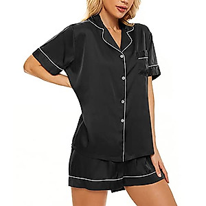Zando Womens Two Piece Pajama Set Sexy Pajamas for Women Silk Ladies Pajamas Satin Pajamas Womens Button Down Pajama Shorts Set Women's Sleepwear Bride Pajamas Comfort PJS Black Small
