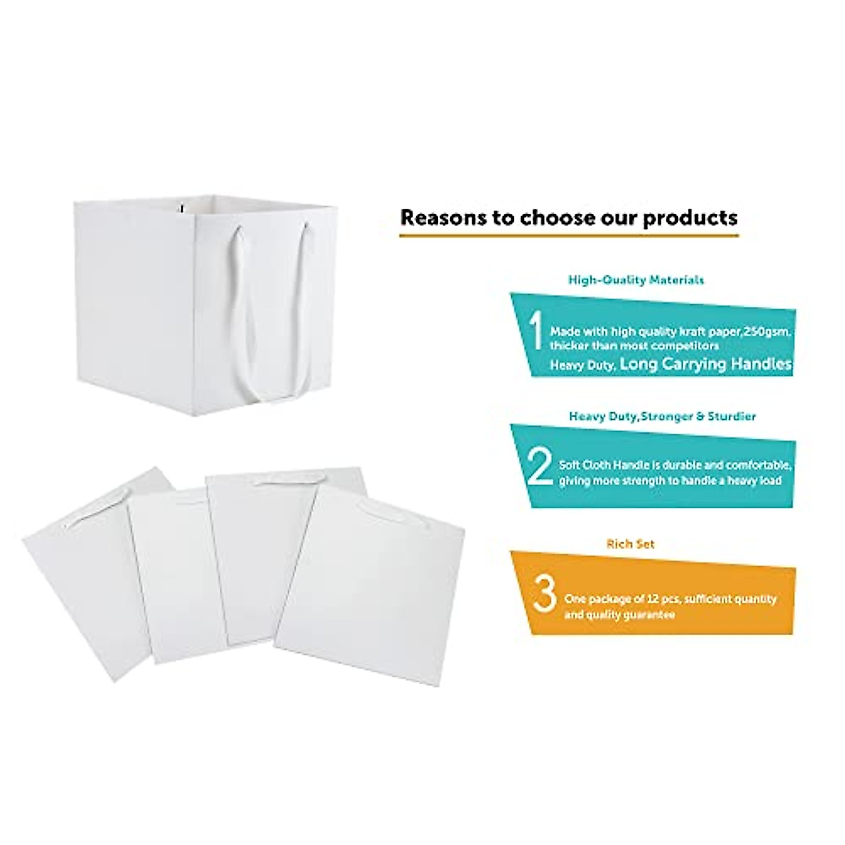 HUAPRINT White Paper Bags with Handles,Gift Bags Bulk 12 Pack,10x10x10inch Large Square Size,Paper Shopping Bags, Kraft, Party, Favor, Birthday,Goody, Take-Out, Merchandise, Retail Bags
