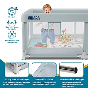 SHIADA Baby Playpen with Mat 71x59 Playpen for Babies and Toddlers,Baby Play Pen,Indoor & Outdoor Activity Center,Kids Playpen with Gate,Safety Baby Fence Play Area with Breathable Mesh(Gray)