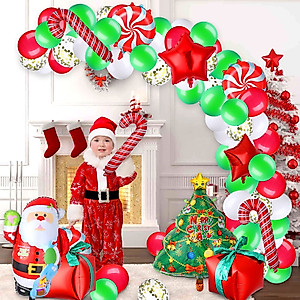 Christmas Balloon Garland Arch Kit, 144 Piece Set with Red and White Candy Balloons, Gift Box Balloons, and Red Star Balloons for Xmas Party Decorations