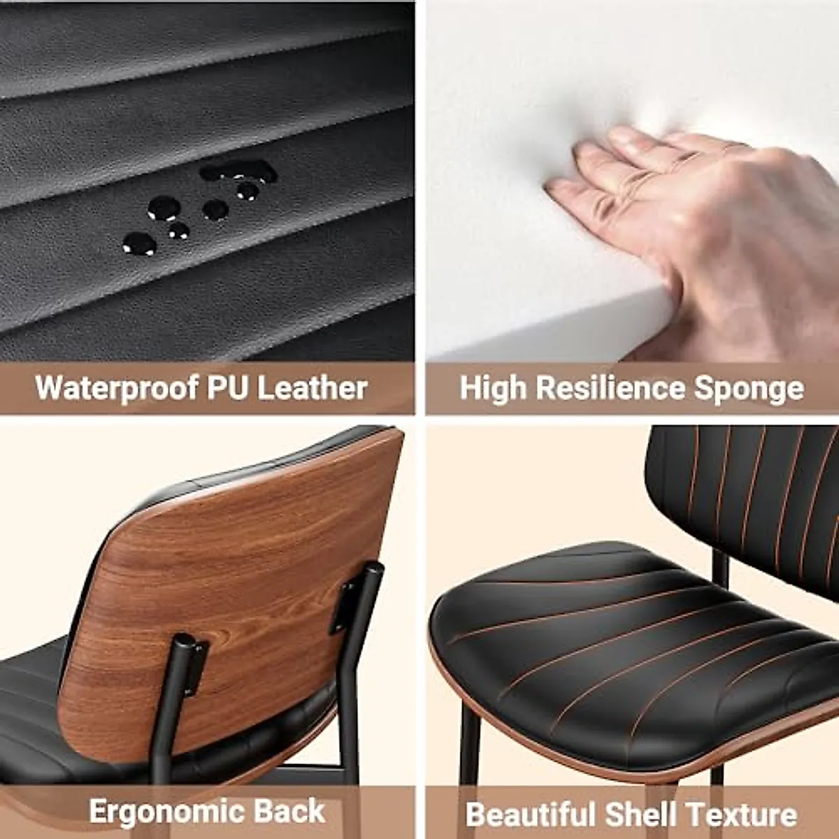 REONEY Dining Chairs Set of 2, Mid-Century Modern Upholstered PU Leather Chairs with Walnut Bentwood Back and Metal Legs Adjustable Feet for Kitchen Dining Room, Black Shell Strips