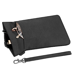 Fintie Double Eyeglasses Pouch with Carrying Strap, Portable Squeeze Top Microfiber Soft Glasses Case Sunglass Pouch, Black