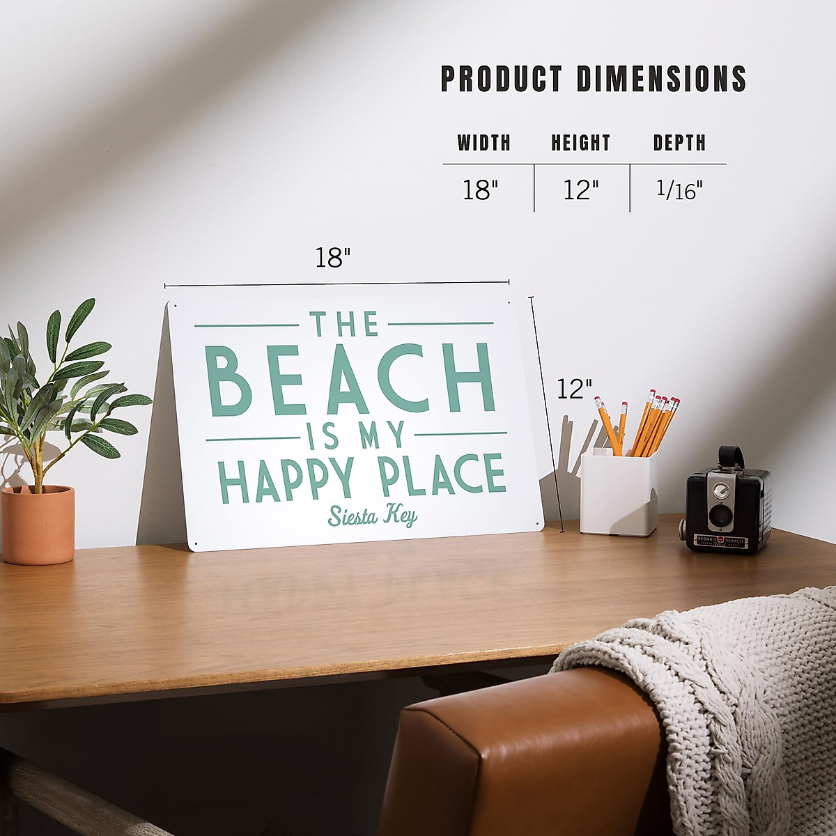 Lantern Press 12x18 Inch Metal Sign, Siesta Key, Florida, The Beach is My Happy Place, Simply Said