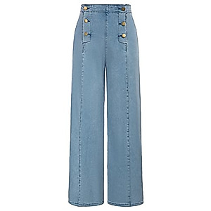 Wide Leg Dressy Denim Pants for Women Summer Vintage High Wasited Casual Stretch Jean Blue Size 16 Size 18